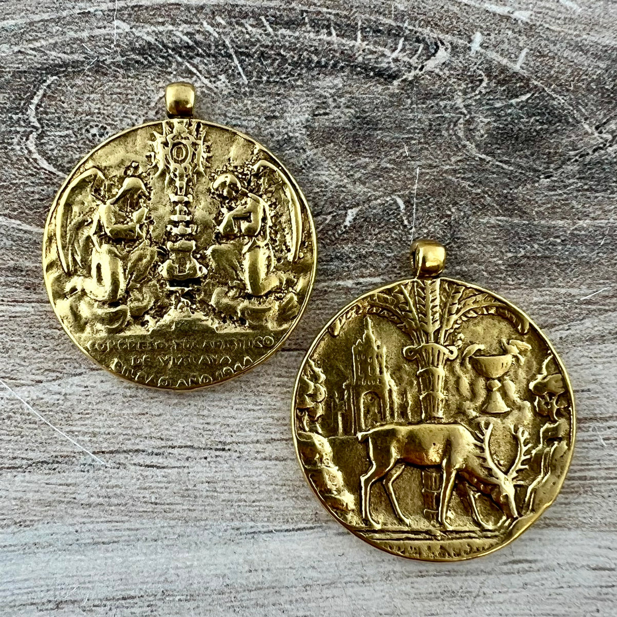 Eucharistic Medal with Deer Stag, Gold Religious Medal, Jewelry Charm ...